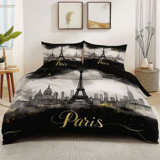 Generic Bettbezug Schwarz Wendbar Bettw&auml;sche Sets,Mit Rei&szlig;verschluss mit Kissenbez&uuml;ge, Vertr&auml;umtes Paris Text Microfaser Bettbezug,F&uuml;r die Schlafzimmerdekorat