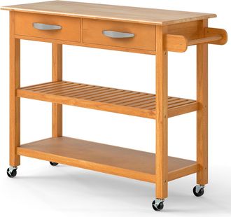Giantex Küchenwagen mit Arbeitsplatte, Servierwagen mit Rollen, Rollwagen mit 2 Schubladen & 2 Ablagen, mobile Kücheninsel, Küchenschrank Holz, Küchentrolley 