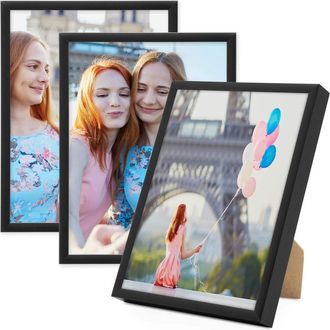 Photolini Alu-Bilderrahmen 15x20 cm Schwarz schmal, 3er Set Metall-Rahmen aus Aluminium, bruchsicheres Acrylglas, zum Aufhängen & Aufstellen, extra Zubehör, mod