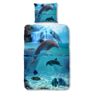 Good Morning Bettw&auml;sche Set 5586 Will Blue Blau 2tlg Baumwolle Delfine Fische Meer Ozean