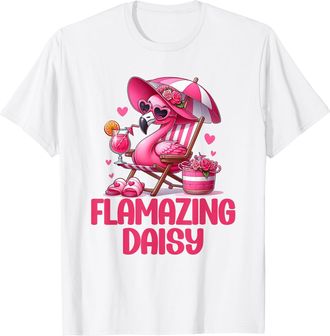 BDAZ Flamazing Daisy Pink Flamingo Tropical Beach Scene Damen T-Shirt