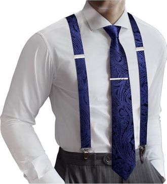 Barry.Wang Ensemble bretelles et cravates pour homme type X avec pince &agrave; cravate motif cachemire pour mariage, bal de fin dann&eacute;e, bleu, taille unique