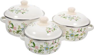 DOITOOL 3 Stück Teiliges Emaille Kochtopf set mit Flachem Boden Doppelte Griffe Vielseitig für Suppen Eintöpfe und Nudeln Hitzebeständig Dekoratives Vintage d