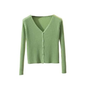 Generic Cardigan &eacute;l&eacute;gant &agrave; col en V c&ocirc;tel&eacute; &agrave; manches longues pour femme - Cardigan taille haute - Manteau d&eacute;contract&eacute;, Vert-13506, Taille Unique