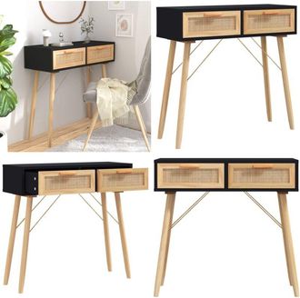 vidaXL Konsolentisch Schwarz 80x30x75cm Massivholz Kiefer Natur-Rattan - Konsolentisch - Wohnzimmermöbel - Skandinavisches Design - Holzmöbel - Sideboard