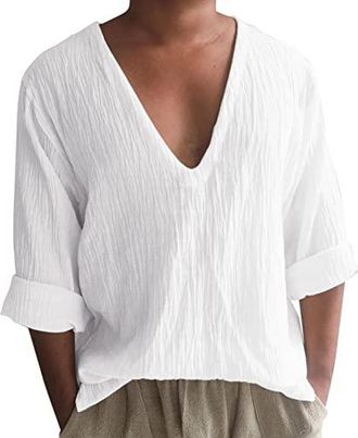Generic Chemises en lin pour homme - Chemise blanche &agrave; manches courtes pour le Royaume-Uni - T-shirt &agrave; col en V - Coupe ajust&eacute;e - T-shirt surdimensionn&eacute; en co
