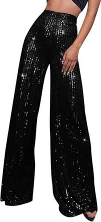 Generic Pantalon évasé à paillettes pour femme - Taille haute - Jambe large - Paillettes brillantes - Élastique - Fermeture éclair latérale, a-noir, XL
