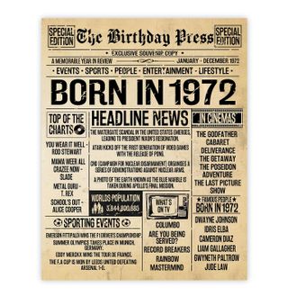 Stuff4 Poster zum 53. Geburtstag, ungerahmt - Born in 1972 Vintage Zeitung - Happy 53. Geburtstag Geschenke f&uuml;r Frauen und M&auml;nner, Retro Back in 1972, 20,3 x