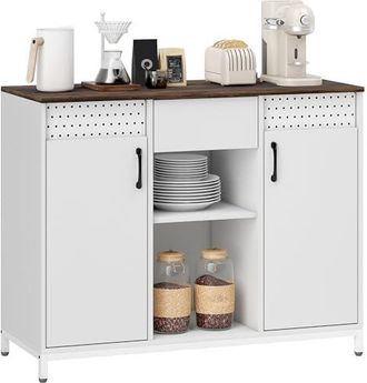 HOMCOM Buffet &agrave; 2 Portes avec Trous, Buffet de Salon avec tiroirs, Compartiments Ouverts, &eacute;tag&egrave;res r&eacute;glables, pour Cuisine, Hall dentr&eacute;e, Bureau, Blanc, 100x