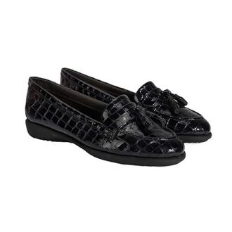 Desa Mocassins pour Femme - Tige en Cuir Verni, d&eacute;tail Pompon, &agrave; Enfiler, Talon Plat, Respirants | Noir - 41