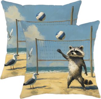 Generic 2Er Set Quadratische Kopfkissenbezug, Beachvolleyball Süßer Waschbär Und Möwe, Kissenhüllen Stilvolles Und Doppelseitige Dekokissen Kissenbezüge Für G