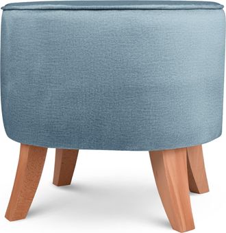 MG Design Ovaler Samt-Hocker 42 x 52 cm in Blau mit Holzbeinen - Gepolsterter Fu&szlig;hocker f&uuml;r Wohnzimmer oder Schlafzimmer