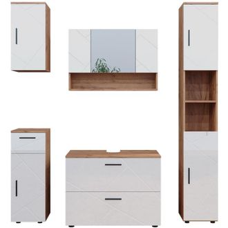 Vicco Badm&ouml;bel-Set Irma, Wei&szlig; Hochglanz/Goldkraft Eiche, 5 Teile