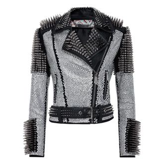 Philipp Plein Femme, Vestes, Noir, Taille: 36 FR Leather Biker Jacket Studs