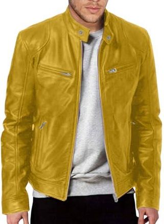 Generico Veste de mi-saison style motard décontractée et classique avec fermeture éclair en cuir PU pour homme, citronier, 5X-Large
