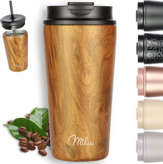 Milu Thermobecher 500ml - 100% Auslaufsicher - Edelstahl Kaffeebecher to go isoliert mit Strohhalm hält 10h heiß / 20h kalt, BPA-frei (Holzoptik, 500ml)