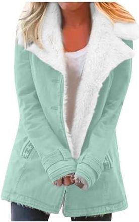 Generic Veste chaude doublée en peluche avec col à revers pour femme, manteau chaud doublé en fausse fourrure, manteau chaud dhiver coupe-vent, Vert, 5XL