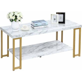 Costway Costway - Table basse fixe 2 &eacute;tages - MDF imprim&eacute; marbre - Ch&acirc;ssis m&eacute;tallique peint or - Dimensions 100x49,5x45cm - Rangement pratique pour salon et