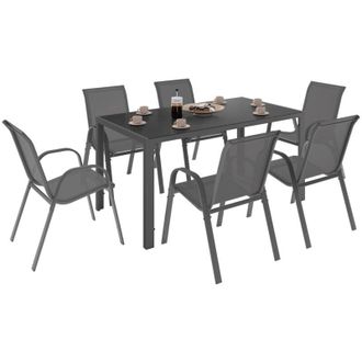 IDMarket Idmarket - Salon de jardin madrid table 150 cm et 6 chaises empilables gris anthracite