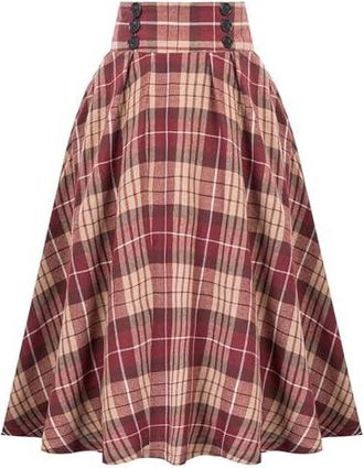 Generic Jupe plaid &eacute;l&eacute;gante r&eacute;tro vintage des ann&eacute;es 50 pour femme - Taille haute - Grille - Jupe festive vintage - Jupe midi - Jupe midi &eacute;lastique - Jupe tai