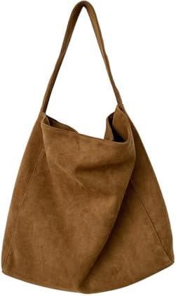 Generic Sac fourre-tout en daim pour femme, grand sac &agrave; main souple, sac &agrave; main marron r&eacute;tro avec poign&eacute;e sur le dessus, sac &agrave; main dautomne, marron, Medium S