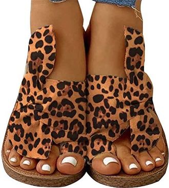 Onsoyours Sandales Femme Plates Tongs Sandales Élégantes Casual Claquettes Nu Pieds Bout Ouvert Chaussures Hallux Valgus Sandales de Plage A Léopard 35 EU