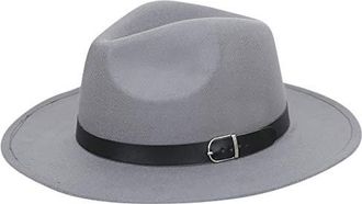 Generic Chapeau Panama en laine &eacute;crasable &agrave; large bord avec ceinture pour femme, gris, Taille unique