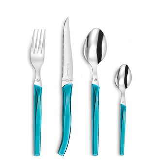 Lou Laguiole RISING SUN Besteck Set 6 Personen | 24-teilig | Türkis glänzend | Essbesteck 6 Personen spülmaschinenfest | 18/0 Edelstahl mit Mikroverzahnung | 6x Me
