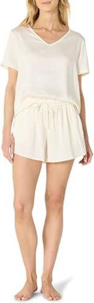 Amazon Essentials Ensemble de Vêtements de Nuit, Short et T-Shirt à Manches Courtes et Col en V, en Satin Femme, Ivoire, XXL