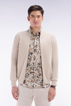 Eden Park Cardigan Zippé En Coton Nid Dabeille Beige Coupe Droite