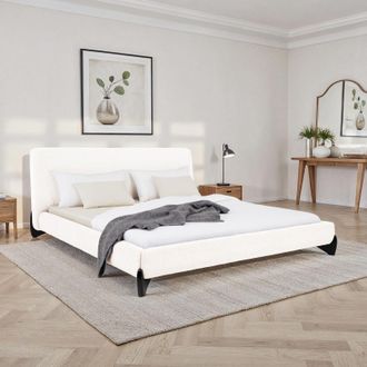 IDIMEX Polsterbett PATERNA gepolstert 180 x 200 cm, Wei&szlig; - modernes Doppelbett mit stabilem Lattenrost aus Holz, Boucl&eacute; Stoffbezug und Holzbeine Mid Century 