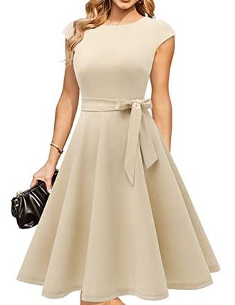 Dresstells Dresstells Robe de cocktail mi-longue pour femme Style r&eacute;tro rockabilly ann&eacute;es 1950 Robe &eacute;l&eacute;gante pour un mariage - Beige - 38