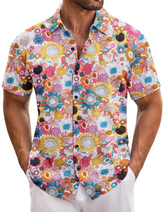 Coofandy Herren Hemd Kurzarm Casual Hawaii Herrenhemd Button Down Hawaiihemd Urlaub Regular Fit Sommerhemd PAT1 XXL