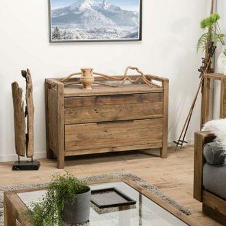 Macabane SANDY - Commode marron 2 tiroirs bois Pin recycl&eacute; poign&eacute;es m&eacute;tal noir