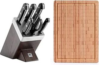 Zwilling Selbstschärfender Messerblock, 7-tlg., Holzblock, Messer und Schere aus rostfreiem Spezialstahl/Kunststoff-Griff, Gourmet & 30772400 Schneidbrett, Bam