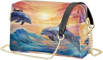 Mnsruu Sacs à bandoulière en cuir pour femme, motif dauphins au coucher du soleil