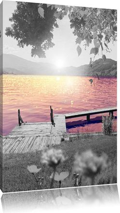 Pixxprint kleiner Steg am See bei Sonnenaufgang B&W, Größe: 120x80cm, Leinwandbild, fertig gespannt, Wandbild, Dekoration, Kunstdruck, kein Poster