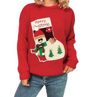 Generic Pull de Noël pour femme - Chaussettes de Noël mignonnes et amusantes - Col rond - Pull tricoté à manches longues pour femme, Rouge, L