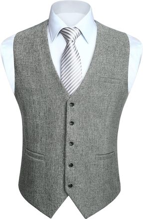 Hisdern Anzugweste Herren Hochzeit Hellgrau Formale Klassische Casual V-Ausschnitt Retro Einfarbige Westen Business Party Baumwolle Weste Grau 3XL