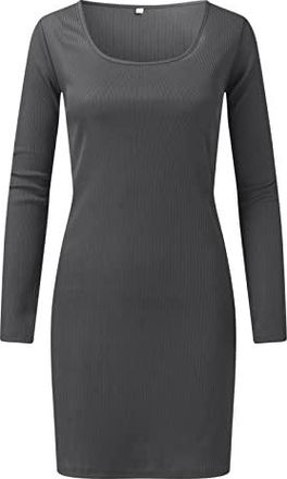 Generic Robe amincissante &agrave; manches longues et col carr&eacute;, coupe ajust&eacute;e, taille haute, robe moulante 2026 pour femme, gris, M