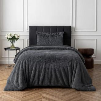 Sleepdown Luxuri&ouml;ses Bettw&auml;sche-Set aus Fleece, langflorig, Kunstfell, Anthrazitgrau, superweich, pflegeleicht, mit Kissenbezug, Einzelbett (135 x 200 cm)
