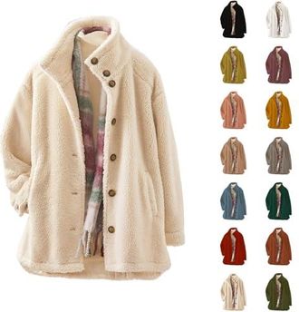 Generic Veste en Polaire Femme Hiver Chaude Couleur Unie Manteau en Polaire avec Poches Bouton Femmes Ext&eacute;rieur Pardessus UK Surdimensionn&eacute; Manches Longues Ca