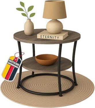 Coemo Tamy Table dappoint grise avec 2 niveaux &Oslash; 55 cm x 55 cm - Forme ronde, aspect bois et cadre en m&eacute;tal - Table basse en m&eacute;tal - Chambre &agrave; coucher, coul