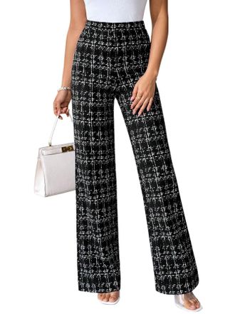 SOLY HUX Damen Hosen Elegant Freizeithose Hohe Taille Anzughose Kariert Casualhose Geradehose Palazzo Pants Herbst Outfit Schwarz und Wei&szlig; XL