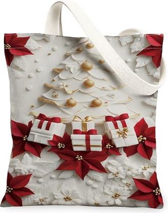 Generic Sacs fourre-tout en toile Poinsettia de No&euml;l, motif floral de vacances, sacs d&eacute;picerie r&eacute;utilisables, vintage, l&eacute;gers, lavables, Rouge, 13x15 Inch