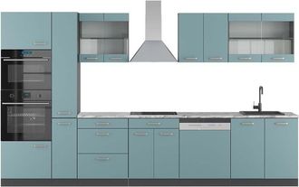Vicco Küchenzeile R-Line, Blau-Grau/Anthrazit, 350 cm mit Hochschrank, AP Marmor