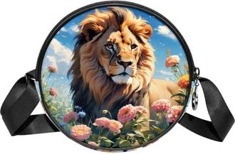 Generic Petit sac &agrave; bandouli&egrave;re circulaire pour femme, motif fleur de lion, sac &agrave; dos avec fermeture &eacute;clair, bretelles r&eacute;glables, sac &agrave; main rond d&eacute;contract&eacute; 