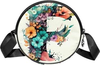 Generic Petit sac &agrave; bandouli&egrave;re circulaire pour femme, motif floral avec lettre F, sac &agrave; dos avec fermeture &eacute;clair, bretelles r&eacute;glables, sac &agrave; main rond d&eacute;con