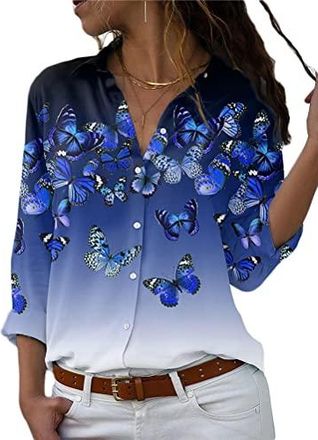 Onsoyours Chemisier Femme Blouse Manches Longues Boutons Haut Tops Papillon Floral Imprimé Chemise Femmes Chic Col en V Blouse Shirt Tunique Multicolore A Bleu 
