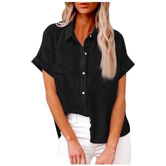 Generic Chemise en lin pour femme boutonn&eacute;e d&eacute;contract&eacute;e col en V manches courtes chemises amples surdimensionn&eacute;es en coton m&eacute;lang&eacute; haut tendance chemisier, N
